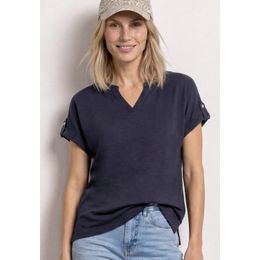 T-Shirt Street One, Damen, Gr. 34, shadowed navy, Web, 50% Baumwolle, 50% Modal, unifarben, normal normal, Rundhals, B&uuml;ndchen, Shirts T-Shirt, mit geschlitztem Rundhalsausschnitt