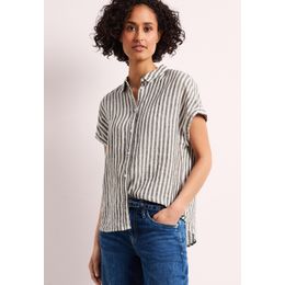 Kurzarmbluse Street One, Damen, Gr. 40, espresso braun, Web, 100% Leinen, gestreift, regular fit normal, V-Ausschnitt, Umschlagbund, Blusen, im Streifendesign