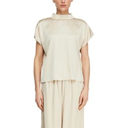 Kurzarmbluse comma, Damen, Gr. 48, bone beige, Web, Obermaterial: 54% Polyester, 46% Viskose, unifarben, l&auml;ssig geschnitten h&uuml;ftbedeckend, Rundhals, abgesteppte Kante, Blusen, mit Cut-Out hinten und 1-Knopf-Verschluss