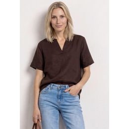 Shirtbluse Street One, Damen, Gr. 34, espresso braun, Web, 60% Leinen, 40% Baumwolle, unifarben, normal normal, Rundhals, B&uuml;ndchen, Blusen, mit Leinenanteil