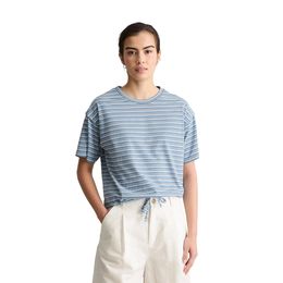 Marc O'Polo T-Shirt MARC O'POLO DENIM "mit Tunnelzug am Saum", Damen, Gr. L, light blau, Obermaterial: 100% Baumwolle, gestreift, Basic, relaxed fit, Rundhals, normaler Saum, Shirts T-Shirt