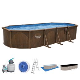 Bestway Stahlwandpool Komplett-Set 'Hydrium ' mit Sandfilteranlage oval Holz-Optik grau 732 x 366 x 132 cm