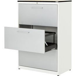 Mauser H&auml;ngeregistraturschrank, HPL-Vollkernplatte, 3 Ausz&uuml;ge, 2-bahnig, mit D&auml;mpfung, reinwei&szlig; / wei&szlig;aluminium / Ahorn