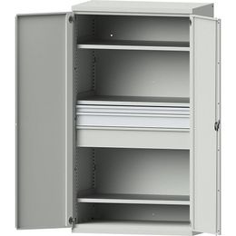 eurokraft pro Schwerlastschrank aus Stahl, 3 Fachb&ouml;den, Schubladen 1 x 60 mm, 1 x 120 mm, 1 x 180 mm hoch, lichtgrau/lichtgrau