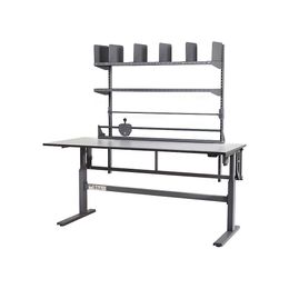 eurokraft pro Packtisch, elektrisch h&ouml;henverstellbar, mit 2 Etagenb&ouml;den, Papier-/Folienabroller und Schneideinheit, Breite 2000 mm
