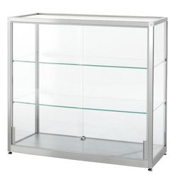 Vitrine, halbhoch, H&ouml;he 910 mm, 2 Schiebet&uuml;ren, BxT 1000 x 400 mm, silber eloxiert kaiserkraft
