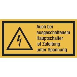 Kombischilder mit Text f&uuml;r Warnkennzeichen, Auch bei ausgeschaltetem Hauptschalter ist Zuleitung unter Spannung, VE 10 Stk, Folie, LxH 74 x 37 mm kaiserkraft