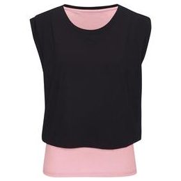 2-in-1-Shirt Lascana ACTIVE "Tropical", Damen, Gr. XS (32/34), schwarz, rosa, Obermaterial: 66% Polyester, 29% Viskose, 5% Elasthan, unifarben mit Farbeinsatz, figurumspielend h&uuml;ftlang, Rundhals, Rippb&uuml;ndchen, Shirts 2-in-1 Shirt, im doppellagigen Look