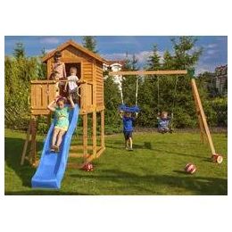 Spielturm Fungoo "My HOUSE Move+", braun (blau), Spielt&uuml;rme, KinderB:565cm H:285cm T:425cm, Holz, Metall, Polyethylen, mit Schaukel & Rutsche, B:565cm H:285cm T:425cm