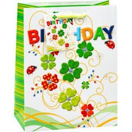 Geschenkt&uuml;te TSI Happy Birthday Kleebl&auml;tter, Format A5, mit Tragekordel und Beschriftungsk&auml;rtchen, B 180 x T 100 x H 230 mm, PP-Folie, bunt, 6 St&uuml;ck