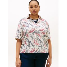 Kurzarmshirt Tommy Hilfiger Curve "CRV ESS LINEN SHIRT WITH SS", Damen, Gr. 48, leopard baroque rwb, Single Jersey, Obermaterial: 100% Leinen, bedruckt, regular fit normal, ohne Ausschnitt, Shirts, in gro&szlig;en Gr&ouml;&szlig;en