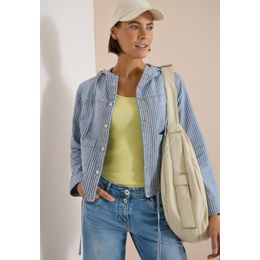 Hemdjacke Cecil, Damen, Gr. L (42), mid blau wash, Web, Obermaterial: 98% Baumwolle, 2% Elasthan, gestreift, l&auml;ssig geschnitten, Rundhals, 1-Knopf-Manschette mit Druckkn&ouml;pfen, Jacken, Overshirt mit Kapuze und Streifen