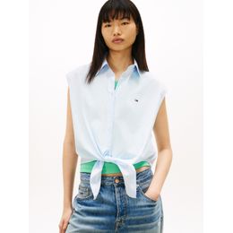 Blusentop Tommy Jeans "TJW TIE FRONT POPLIN SHIRT", Damen, Gr. S (36), light powdery blau, stripe, Popeline, Obermaterial: 100% Baumwolle, gestreift, taillenbedeckt, Rundhals, Blusen Blusentop, mit Knoten Detail am Saum, reine Baumwolle
