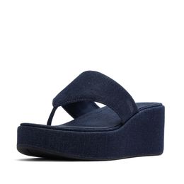 Dianette fitflop "PLATFFORMS DENIM WEDGE TOE-POST SANDALS", Damen, Gr. 36, dunkelblau, Textil, unifarben, Schuhe Dianette, Plateau, Zehensteg, Sommerschuh mit weichem Zehensteg