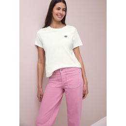 Kurzarmshirt Street One, Damen, Gr. 44, sanftes wei&szlig;, Jersey, Obermaterial: 50% Baumwolle, 50% Modal, bedruckt, unifarben, regular fit h&uuml;ftbedeckend, Rundhals, Shirts, Sommershirt mit Rundhals und Herzdetail