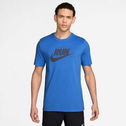 Laufshirt Nike "M NK DF TEE RUN SWOOSH", Gr. S, blau crystal, thunder blau, Obermaterial: 57% Baumwolle, 43% Polyester, Shirts Laufshirt, f&uuml;r Erwachsene, sportlicher Stil, f&uuml;r Lauftraining