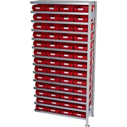 STEMO Steckregal mit Regalk&auml;sten, Regalh&ouml;he 2100 mm, Anbauregal, Tiefe 300 mm, 52 K&auml;sten rot