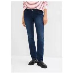 Umstandsjeans bonprix, Damen, Gr. 44, N-Gr, dunkelblau denim, Denim/Jeans, Obermaterial: 82% Baumwolle, 17% Polyester, 1% Elasthan. Einsatz: 95% Baumwolle, 5% Elasthan, Abriebeffekte, unifarben, regular fit lang, Jeans, regular fit, gerades Bein, breiter Bund aus Baumwolljersey, 5-Pocket