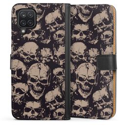 DeinDesign Galaxy A12 Handy Klapph&uuml;lle Handyh&uuml;lle aus Kunst Leder schwarz Flip Case Totenkopf Gothic Halloween Sideflip mit langer Lasche