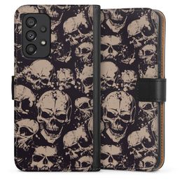 DeinDesign Galaxy A53 5G Handy Klapph&uuml;lle Handyh&uuml;lle aus Kunst Leder schwarz Flip Case Gothic Halloween Totenkopf Sideflip mit langer Lasche
