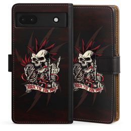 DeinDesign Google Pixel 6a Handy Klapph&uuml;lle Handyh&uuml;lle aus Kunst Leder schwarz Flip Case Rock Totenkopf Music Sideflip mit langer Lasche