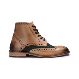 Klassische Herren-Gatsby-Brogue-Stiefeletten aus hellbraunem Oxford-Leder mit gr&uuml;nem Tweed