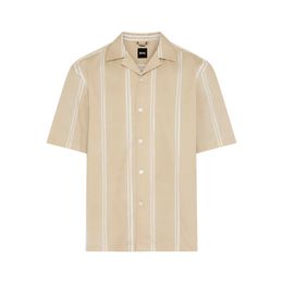 Kurzarmhemd BOSS, Herren, Gr. L, N-Gr, open beige286, Web, Obermaterial: 97% Baumwolle, 3% Elasthan, gestreift, relaxed fit normal, V-Ausschnitt, abgesteppte Kante, Hemden, Freizeitkragen, Stretch-Baumwolle, Relaxed Fit
