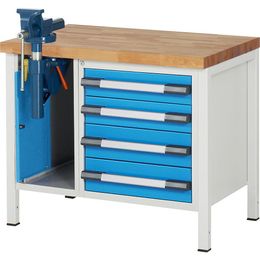 eurokraft pro Werkbank, Gestellbauweise Serie 8000, 4 Schubladen: 2 x 120, 2 x 150 mm, 1 Schraubstock (Klapp-Lift), BxT 1000 x 700 mm