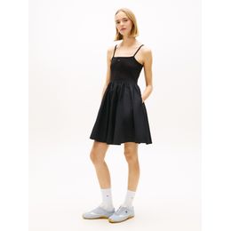 Spaghettikleid Tommy Jeans "TJW RIB POPLIN MIX STRAPPY DRESS", Damen, Gr. M (38), N-Gr, schwarz, Feinripp, Obermaterial: 100% Baumwolle, unifarben, tailliert mini, tiefer Rundhals, Kleider, Super Slim mit Falten am Rock
