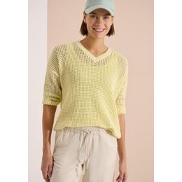 Kurzarmpullover Cecil, Damen, Gr. L (42), light buttermilk gelb, Web, 100% Baumwolle, Strukturmuster, comfort fit normal, V-Ausschnitt, Rippb&uuml;ndchen, Pullover, mit V-Ausschnitt