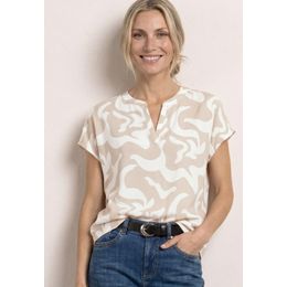 Shirtbluse Street One, Damen, Gr. 34, timeless beige, Stoff, 100% Viskose, gemustert, klassisch normal, Rundhals, abgesteppt, Blusen, mit geschlitztem Rundhalsausschnitt