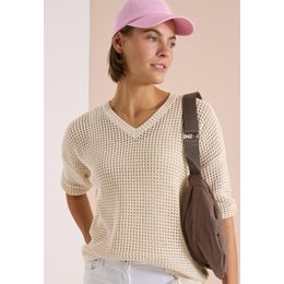 Kurzarmpullover Cecil, Damen, Gr. L (42), pearl beige, Web, 100% Baumwolle, Strukturmuster, comfort fit normal, V-Ausschnitt, Rippb&uuml;ndchen, Pullover, mit V-Ausschnitt