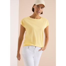 Rundhalsshirt Cecil, Damen, Gr. L (42), buttermilk gelb, Web, 50% Baumwolle, 50% Modal, unifarben, comfort fit normal, U-Boot-Ausschnitt, abgesteppt, Shirts Rundhalsshirt, mit Raffung