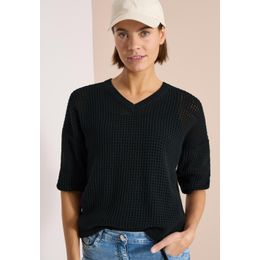 Kurzarmpullover Cecil, Damen, Gr. L (42), palm breeze gr&uuml;n, Web, 100% Baumwolle, Strukturmuster, comfort fit normal, V-Ausschnitt, Rippb&uuml;ndchen, Pullover, mit V-Ausschnitt