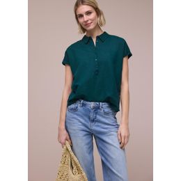 Kurzarmbluse Street One, Damen, Gr. 38, schwarz garden gr&uuml;n, Web, 60% Leinen, 40% Baumwolle, unifarben, klassisch normal, V-Ausschnitt, normaler Saum, Blusen, mit Leinenanteil