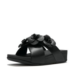 Pantolette fitflop "LULU FLOWER CROSS SLIDES", Herren, Gr. 36, schwarz, Lederimitat, gebl&uuml;mt, Schuhe Pantolette, Keilabsatz, Sommerschuh, Schlupfschuh mit dekorativen Bl&uuml;ten
