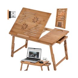 TecTake&reg; Laptoptisch, aus Bambus, klappbar und h&ouml;henverstellbar, mit USB-Doppell&uuml;fter, 55 x 35 x 26 cm