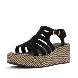 Keilsandalette fitflop "PLATFFORMS GRAPHIC-WEAVE SUEDE FISHERMAN SANDALS", Damen, Gr. 37, schwarz, Leder, Schuhe, Plateau, Riemchensandale mit verstellbarer Schnalle