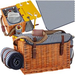 TecTake&reg; Picknickkorb, f&uuml;r 4 Personen, mit Picknickdecke, geflochtene Weide, 2 Schnallenverschl&uuml;sse und verstellbarer Tragegurt, inkl. 20-teiliges Geschirrset, Kellnermesser, Gew&uuml;rzstreuer und Weink&uuml;hler