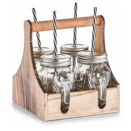 Gl&auml;ser-Set zeller PRESENT, braun (transparent, holzfarben, silberfarben), 450ml, 5 Stk., Glas, Holz, Metall, Trinkgef&auml;&szlig;e, in praktischer Holzkiste zum Tragen