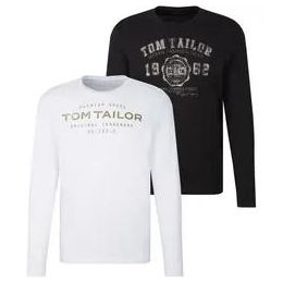 Langarmshirt Tom Tailor, Herren, Gr. XXL, schwarz, Jersey, Obermaterial: 100% Baumwolle, bedruckt, regular fit taillenbedeckt, Rundhals, gerader Abschluss, Shirts Langarmshirt, 2er Pack / mit Logo Print