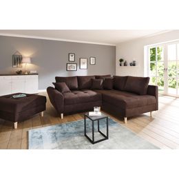 Ecksofa Home Affaire "Rice L-Form, B: 223 cm - OTTO. Verl&auml;ssliche Qualit&auml;t.", braun (dunkelbraun), B:223cm H:47cm T:184cm, Luxus-Microfaser (100% Polyester);Struktur fein (100% Polyester);Microfaser PRIMABELLE (100% Polyester);Samtoptik (100% Polyester), Sofas, Ecksofa, Set: Sofa & Hocker, 3 Zierkissen, Federkern