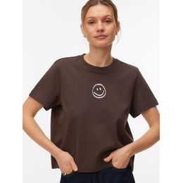 V&eacute;ro Moda Kurzarmshirt VERO MODA "VMSARA METTE SS TOP BOX JRS GA NOOS", Damen, Gr. S, chocolate braun print:1 smile hellwei&szlig;, Jersey, Obermaterial: 100% Baumwolle, bedruckt, regular fit normal, Rundhals, Shirts, Baumwolle, regular fit