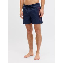Jack & Jones Badeshorts JACK & JONES "JPSTMAUI WAVE LOGO SWIM SHORTS SN", Herren, Gr. M, N-Gr, navy blazer, Web, Obermaterial: 100% Polyester, unifarben, Badehosen Badeshorts, Kunstfaser, normal geschniten