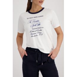 T-Shirt monari, Damen, Gr. 34, marine, Web, Obermaterial: 95% Viskose, 5% Elasthan, unifarben, regular fit taillenbedeckt, Rundhals, eingesetzt abgesteppte Kante, Shirts T-Shirt, Regular fit mit Strassschrift