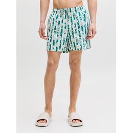 Jack & Jones Badeshorts JACK & JONES "JPSTMAUI VIBES NOVELTY AOP SWIM SHORT SN", Herren, Gr. L, N-Gr, granite gr&uuml;n, Web, Polyester, bedruckt, Badehosen Badeshorts, Kunstfaser