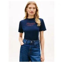 Kurzarmshirt Tommy Hilfiger "TILT GRAPHIC REG C-NK SS TEE", Damen, Gr. L (42/44), schwarz night navy, Single Jersey, Obermaterial: 100% Baumwolle, bedruckt, unifarben, normal, Rundhals, Shirts, mit gro&szlig;em Logo-Print