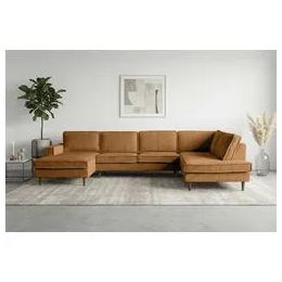 Wohnlandschaft Home Affaire "Pinto Skandi, 350 cm, U-Form, XXL, mit Ottomanen", brick rot, B:349cm H:89cm T:206cm, 100% Polyester, Sofas, Wohnlandschaft, mit Keder, Massivholzf&uuml;&szlig;e Eiche ger&auml;uchert, Wellenunterfederung