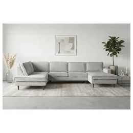 Wohnlandschaft Home Affaire "Pinto Skandi, 350 cm, U-Form, XXL, mit Ottomanen", silber grau, B:349cm H:89cm T:206cm, 100% Polyester, Sofas, Wohnlandschaft, mit Keder, Massivholzf&uuml;&szlig;e Eiche ger&auml;uchert, Wellenunterfederung