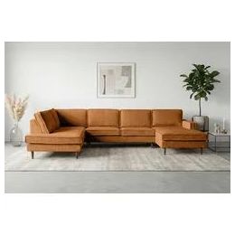 Wohnlandschaft Home Affaire "Pinto Skandi, 350 cm, U-Form, XXL, mit Ottomanen", brick rot, B:349cm H:89cm T:206cm, 100% Polyester, Sofas, Wohnlandschaft, mit Keder, Massivholzf&uuml;&szlig;e Eiche ger&auml;uchert, Wellenunterfederung